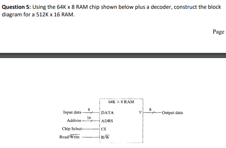 Solved Question 5: Using the 64K x 8 RAM chip shown below | Chegg.com