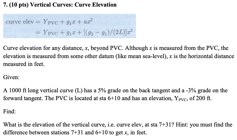 Solved (10 pts) ﻿Vertical Curves: Curve Elevationcurve elev | Chegg.com
