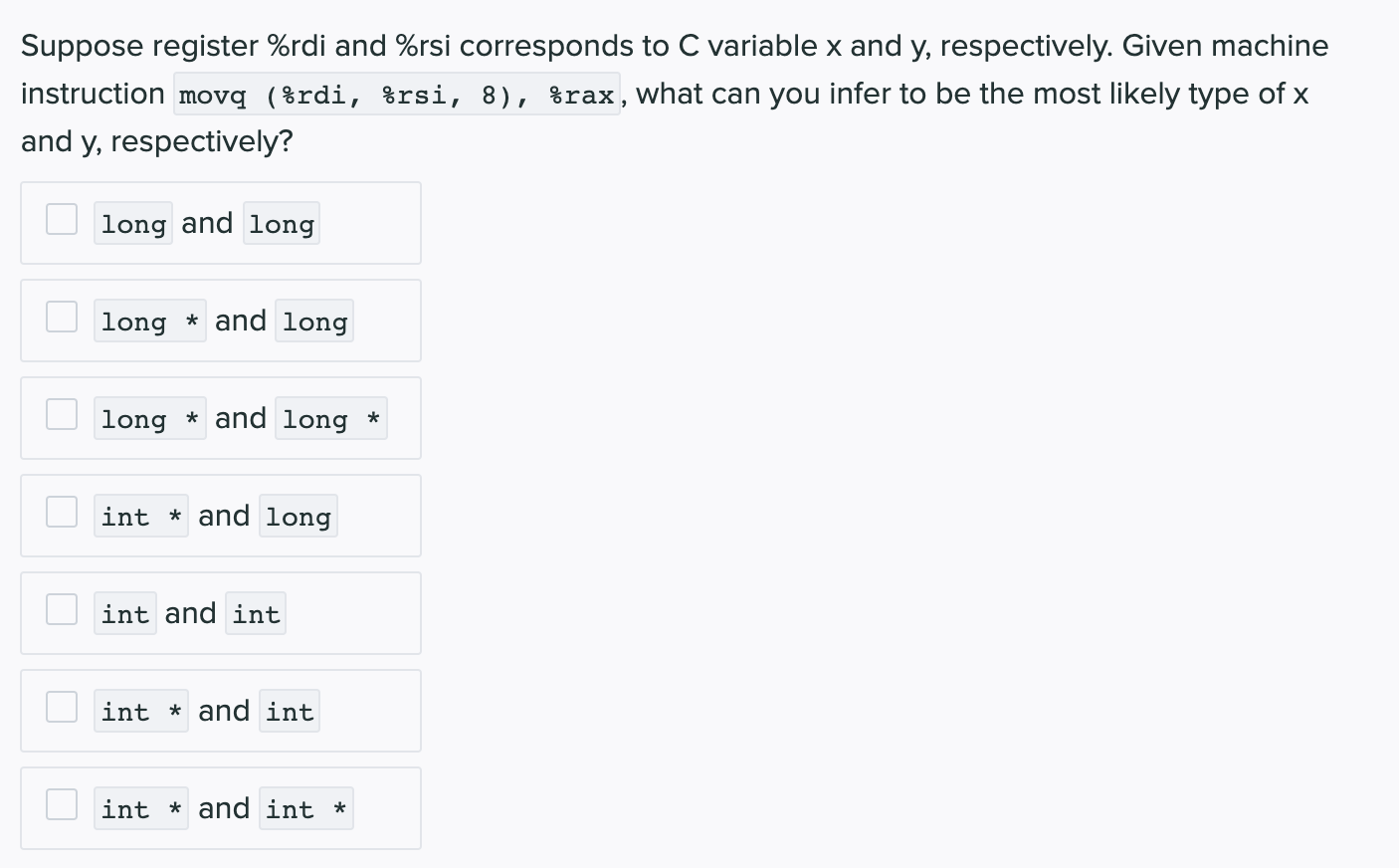 Solved Suppose register %rdi and %rsi corresponds to C | Chegg.com