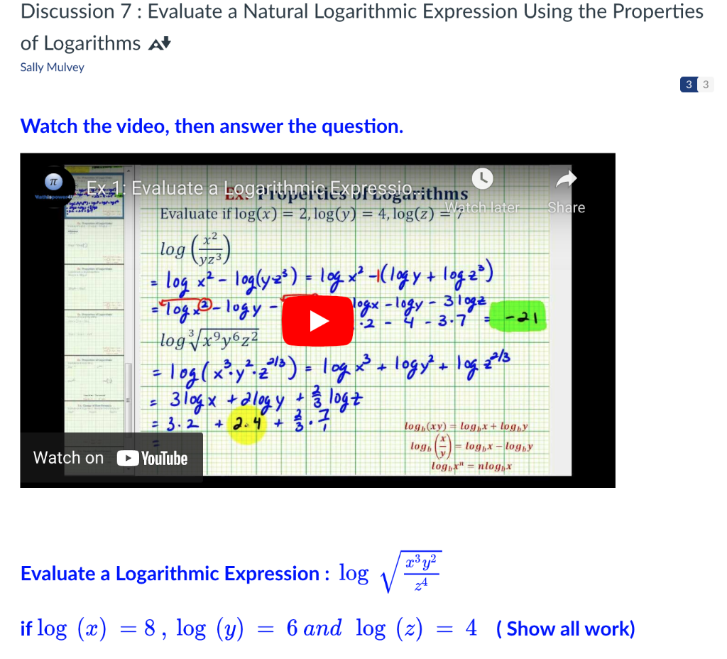 Solved Discussion 7 : Evaluate a Natural Logarithmic | Chegg.com