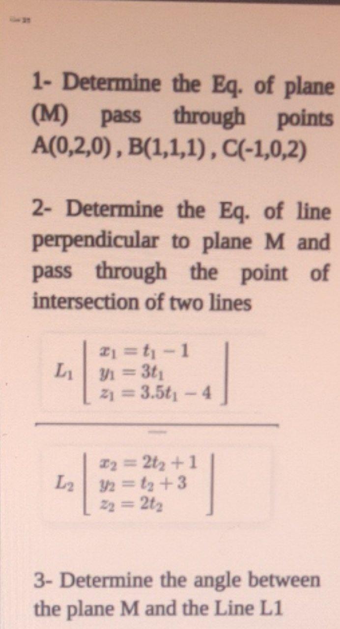 Solved 1- Determine the Eq. of plane (M) pass through points | Chegg.com
