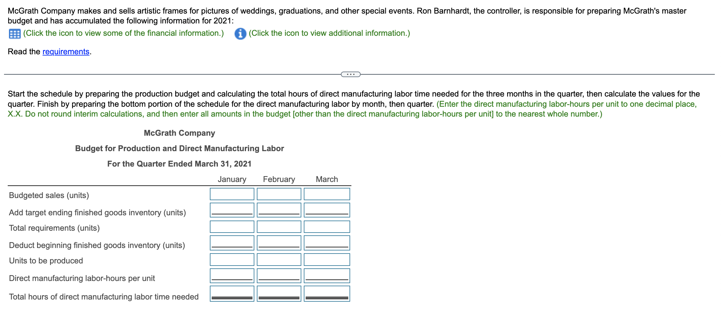 Solved Requirements 1. Prepare a production budget and a | Chegg.com