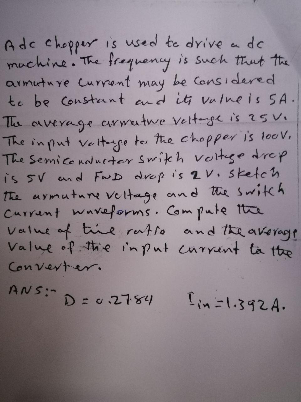 Solved Adc chopper is used to drive a de machine. The | Chegg.com