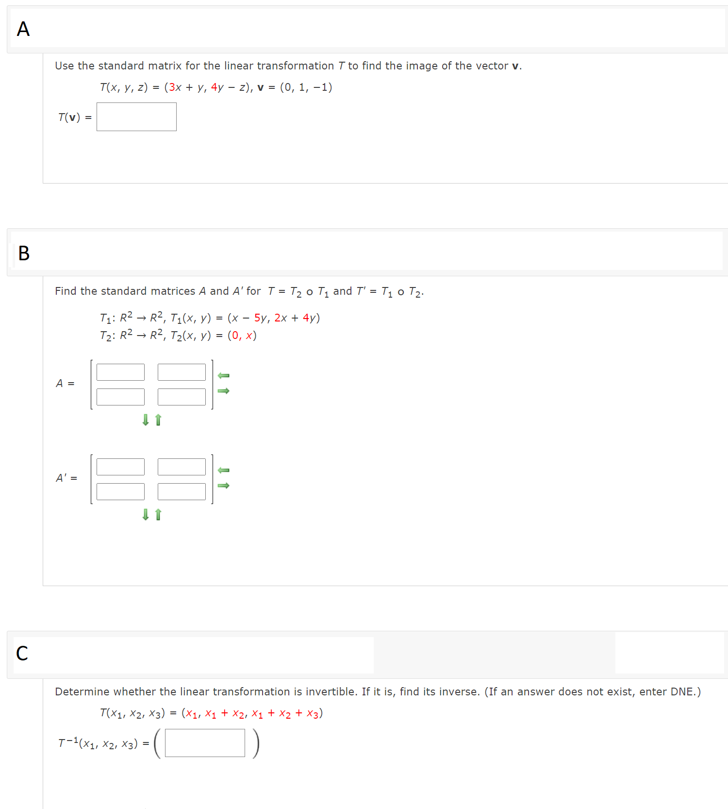 Solved A Use the standard matrix for the linear | Chegg.com