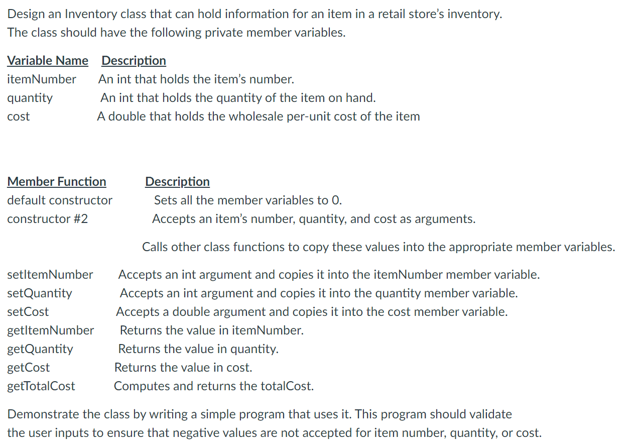 Solved Design an Inventory class that can hold information | Chegg.com