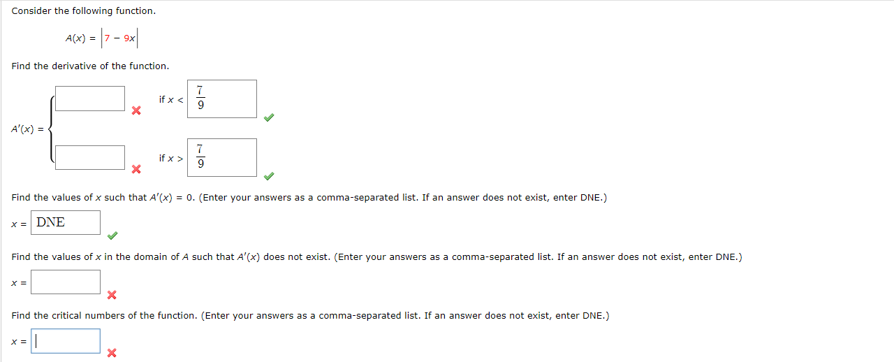 Solved Consider the following function. A(x)=∣7−9x∣ Find the | Chegg.com