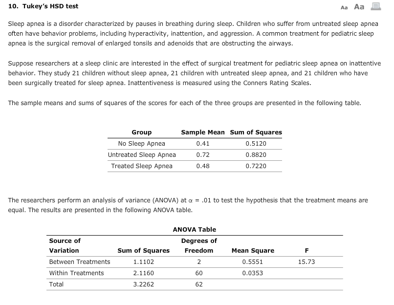Solved 10. Tukey's HSD test Aa Aa Sleep apnea is a disorder | Chegg.com