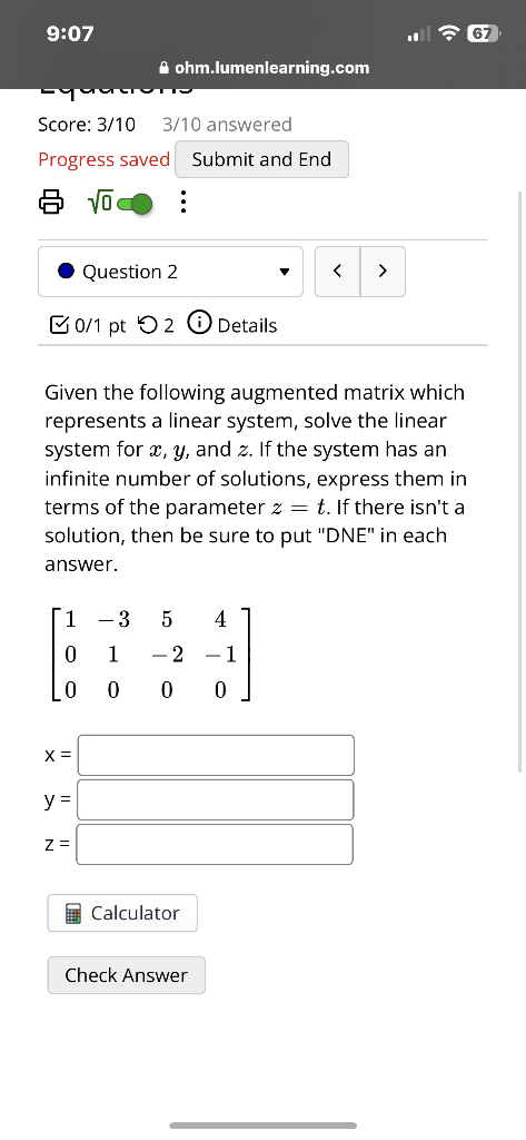 Solved Given the following augmented matrix which represents | Chegg.com