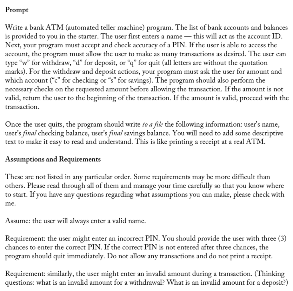 Solved Prompt Write a bank ATM (automated teller machine) | Chegg.com