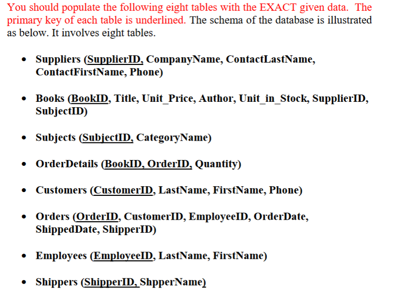 Solved You should populate the following eight tables with | Chegg.com