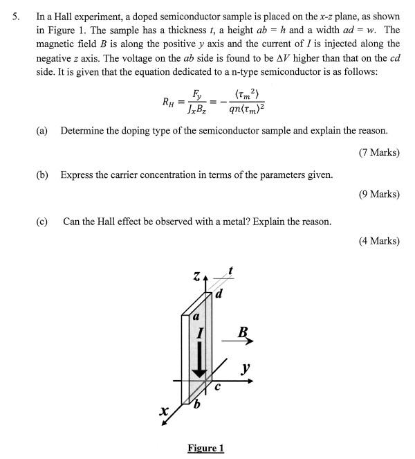 Solved 5. In a Hall experiment, a doped semiconductor sample | Chegg.com