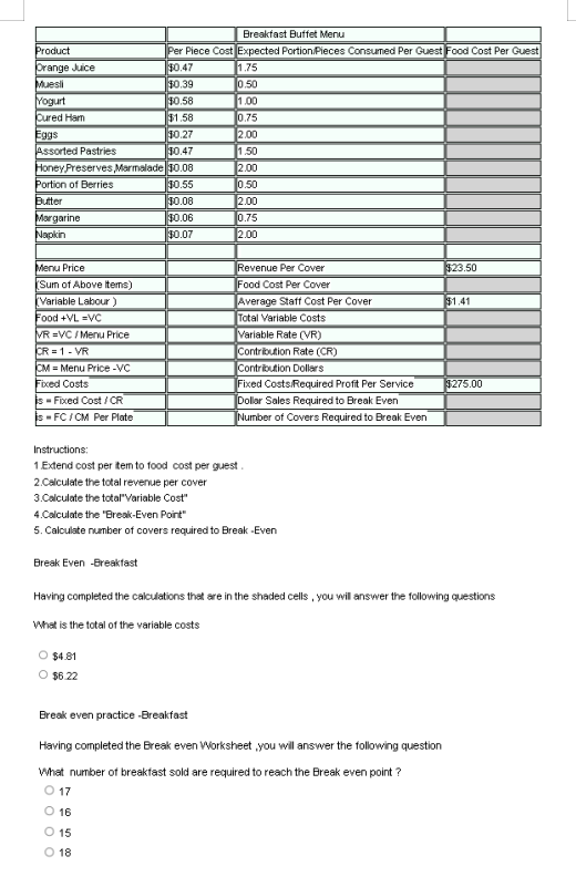 Solved Breakfast Buffet Menu Product Per Piece Cost Expected | Chegg.com