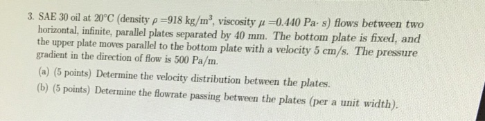 Solved 3. SAE 30 oil at 20°C (density p-918 kg/m2, viscosity | Chegg.com