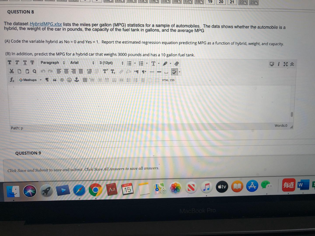 Solved 21 QUESTION 8 The dataset Hybrid MPG.x/sx lists the | Chegg.com