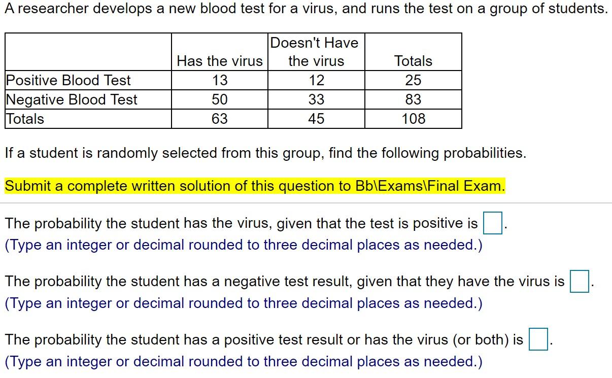 Solved A researcher develops a new blood test for a virus, | Chegg.com Solved A researcher develops a new blood test for a virus, | Chegg.com