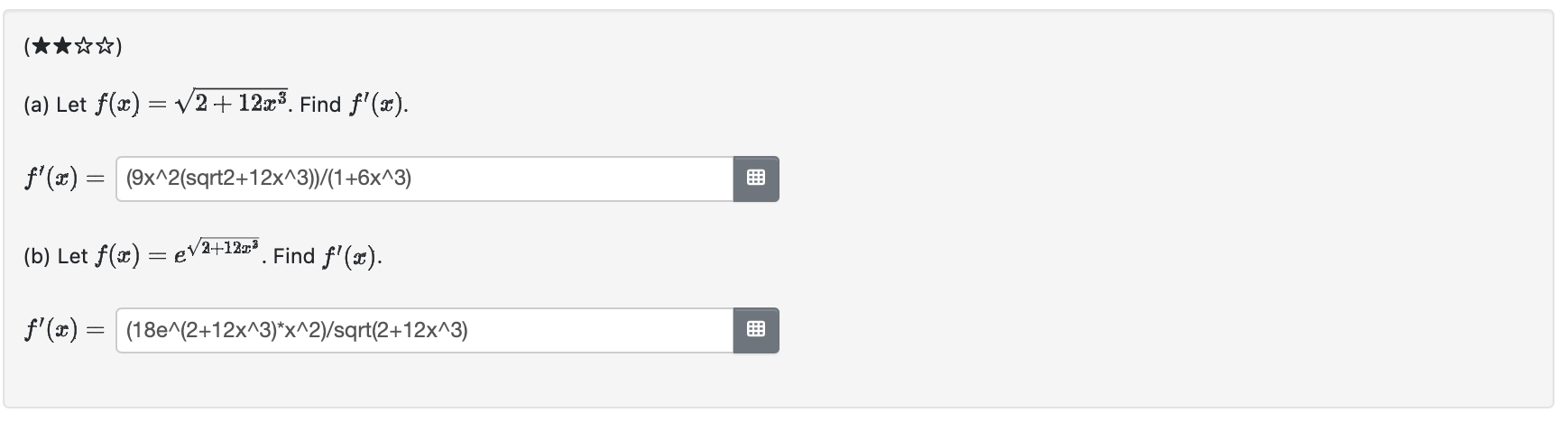 Solved (a) Let f(x)=2+12x3 f′(x)= (b) Let f(x)=e2+12x3. | Chegg.com