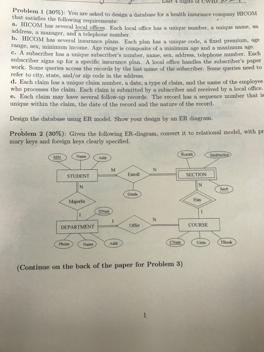 Solved Last 4 digits of CWID O Problem 1 30%): You are asked | Chegg.com