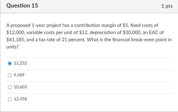Solved Question 15A proposed 1-year project has a | Chegg.com