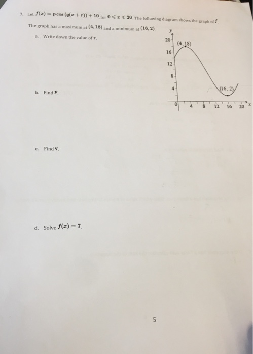 Solved Let f(x) = p cos (q(x + r)) + 10, for 0 | Chegg.com