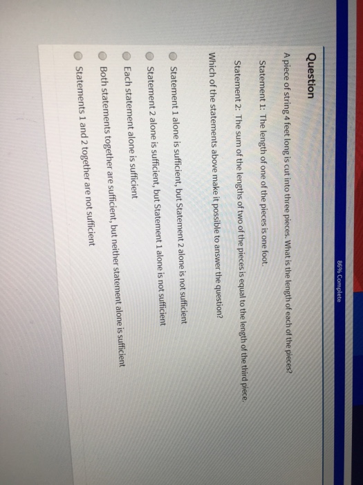 Solved A piece of string 4 feet long is cut into three | Chegg.com