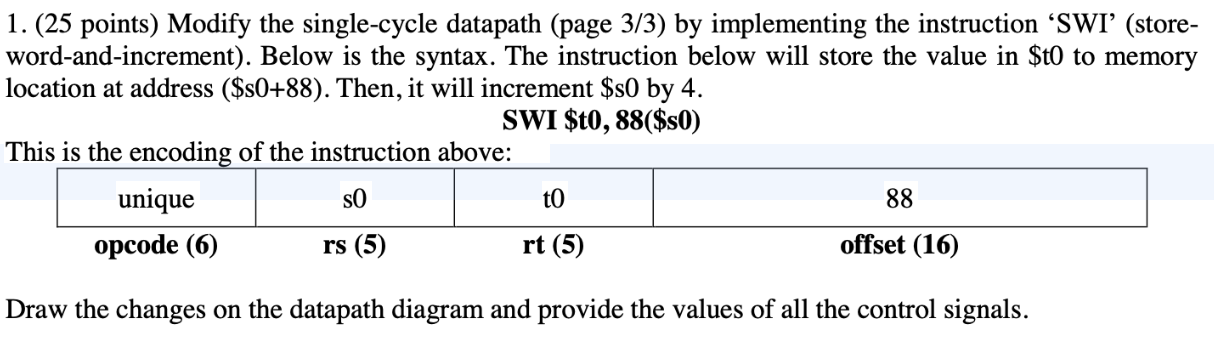 1. (25 points) Modify the single-cycle datapath (page | Chegg.com
