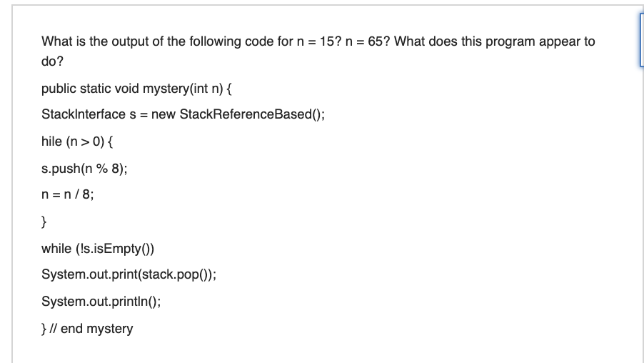 Solved What is the output of the following code for n 15? n | Chegg.com