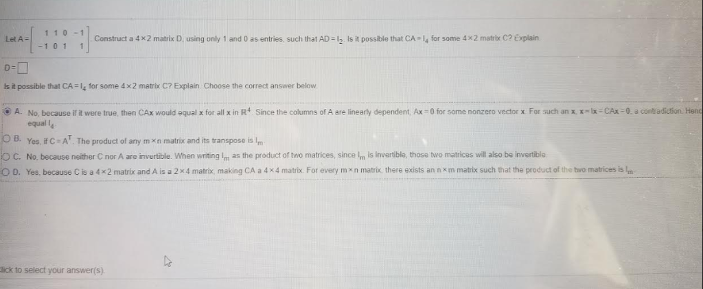 Solved 110-1 Let A- Construct a 4x2 matrix D, using only 1 | Chegg.com