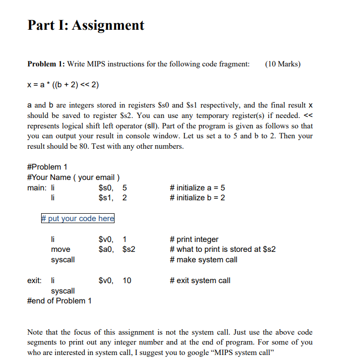Solved Part I Assignment Problem 1 Write Mips Instructions 6019