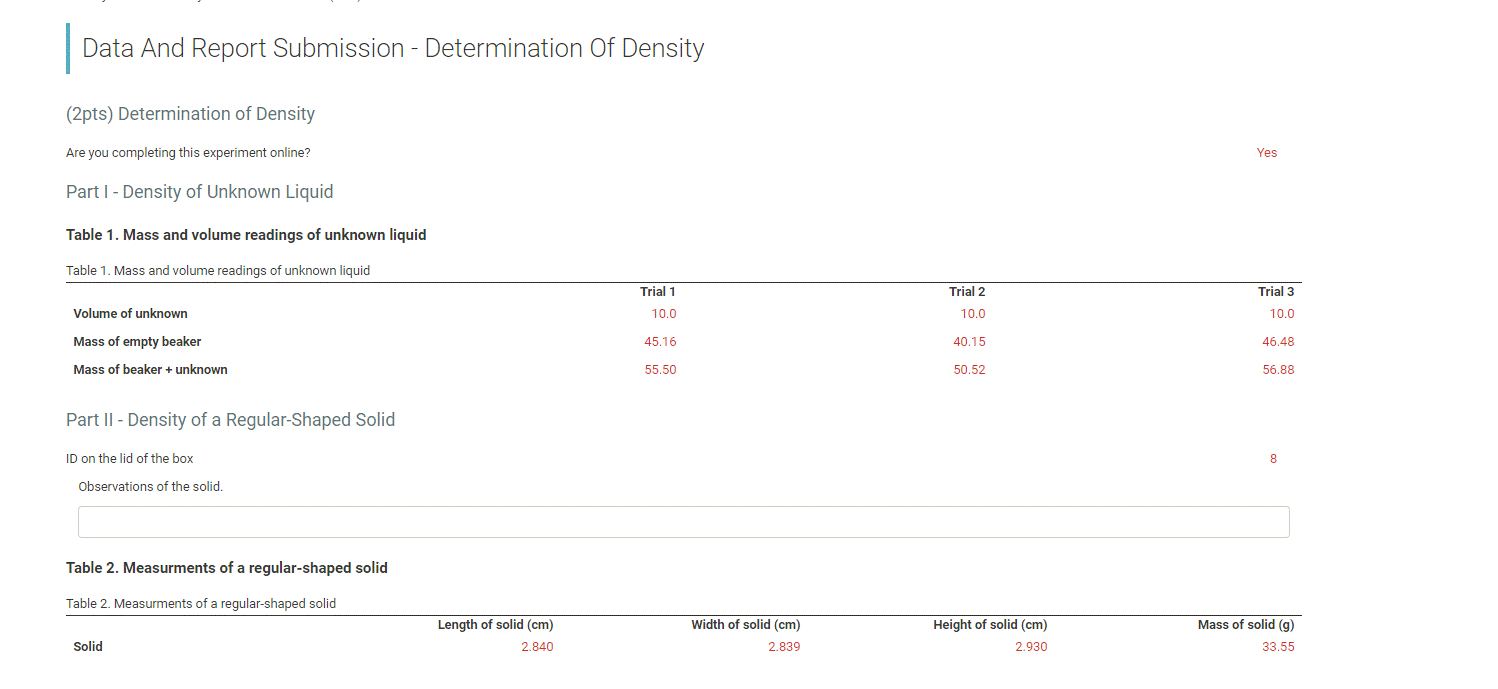Solved Data And Report Submission - Determination Of Density | Chegg.com