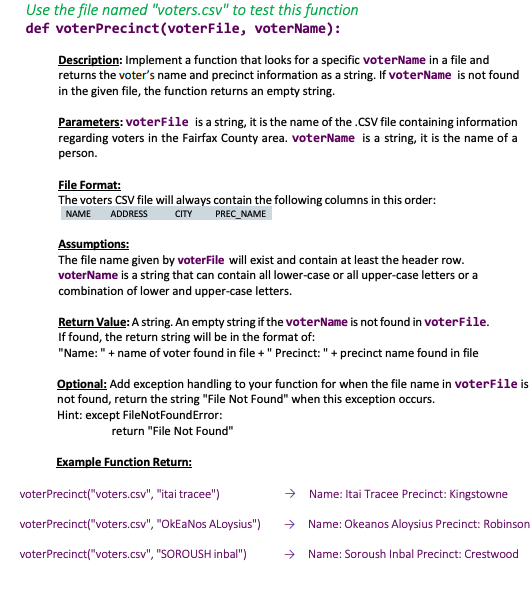 Solved f voterPrecinct(voterFile, voterName): Description: | Chegg.com