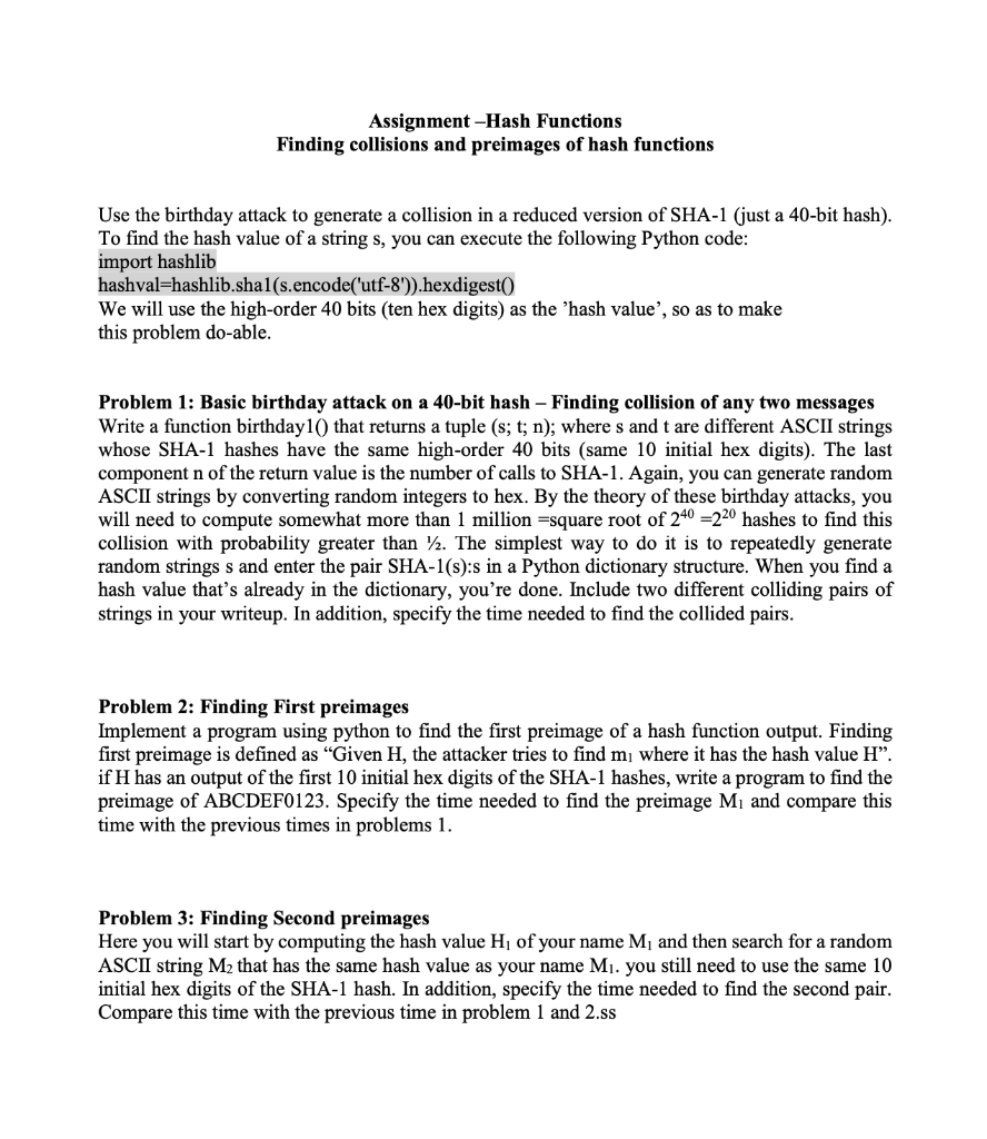 Assignment -Hash Functions Finding collisions and | Chegg.com