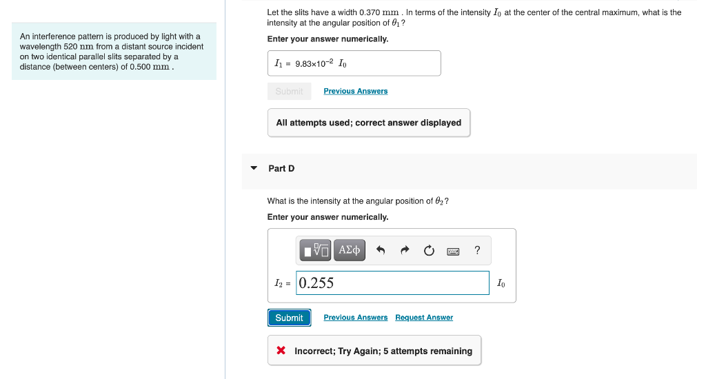 Solved Let the slits have a width 0.370 mm. In terms of the | Chegg.com