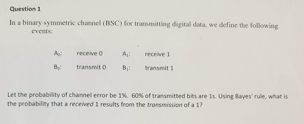 Solved Question 1 In a binary symmetric channel (BSC) for | Chegg.com