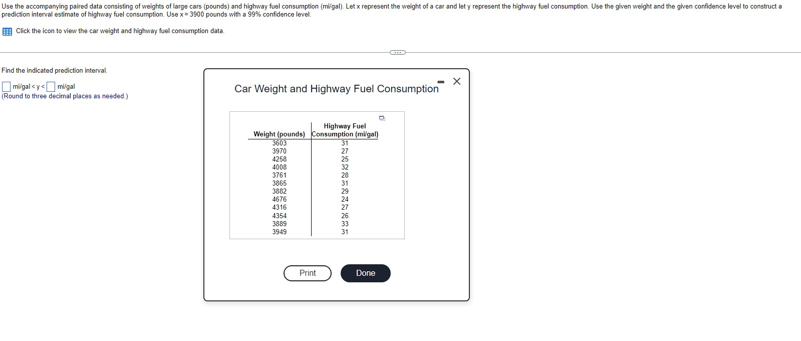 Solved prediction interval estimate of highway fuel | Chegg.com