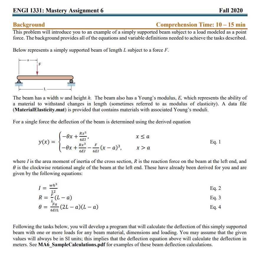 ENGI 1331: Mastery Assignment 6 Fall 2020 Background | Chegg.com