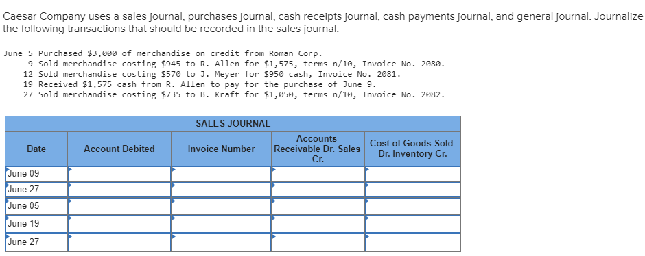 Solved Caesar Company Uses A Sales Journal Purchases Chegg solved-caesar-company-uses-a-sales-journal-purchases-chegg