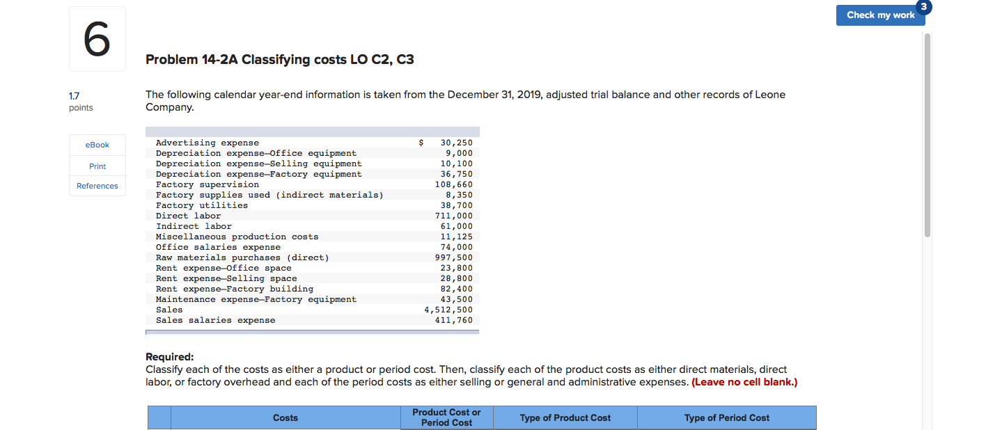 Solved Check my work 6 Problem 14-2A Classifying costs LO | Chegg.com