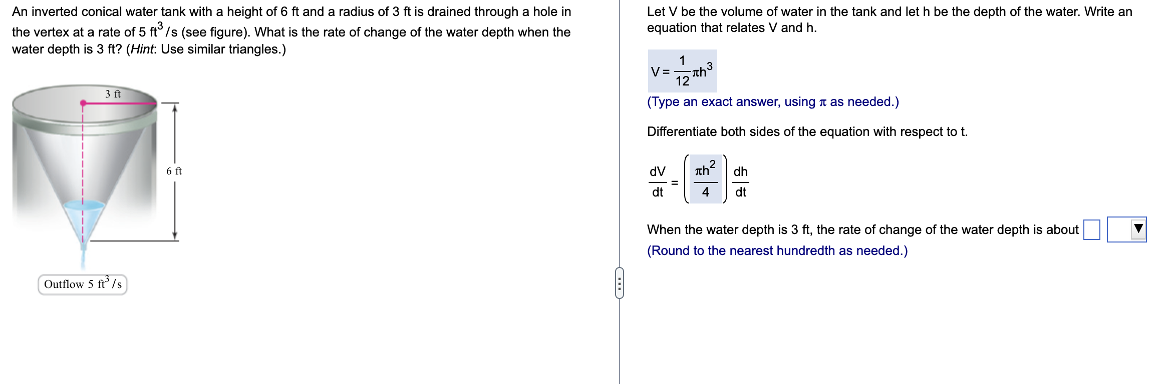 Solved An inverted conical water tank with a height of 6ft | Chegg.com