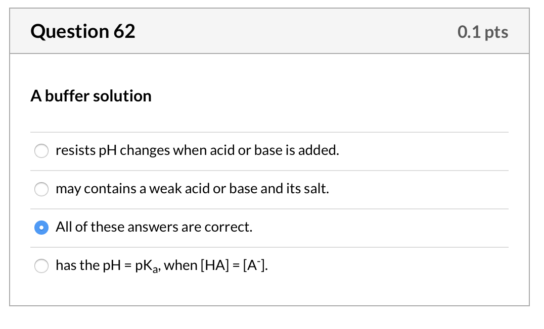 Solved Question 62 0.1 pts A buffer solution resists pH | Chegg.com