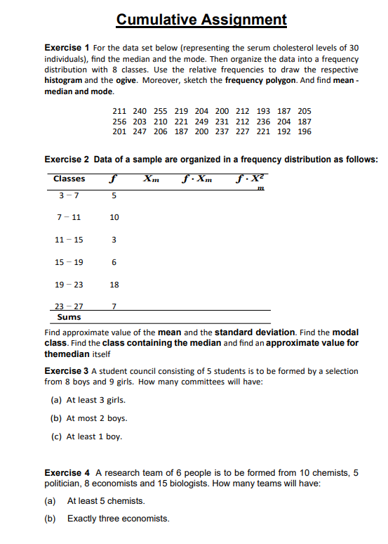 Solved Cumulative Assignment Exercise 1 For the data set | Chegg.com