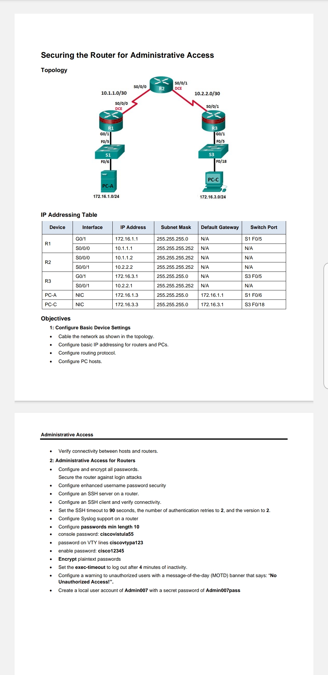 Solved Securing the Router for Administrative | Chegg.com