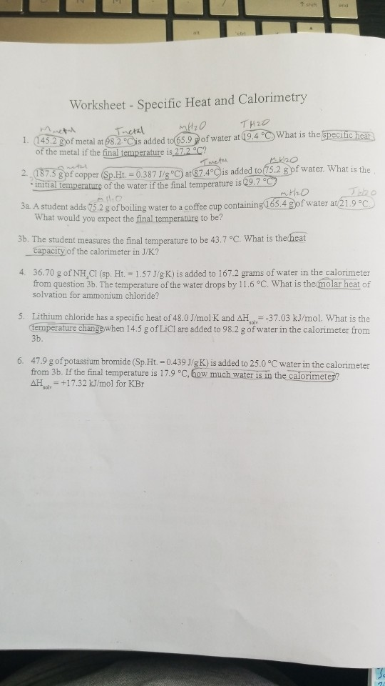 Solved Worksheet - Specific Heat and Calorimetry Must Tuetal | Chegg.com