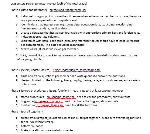 CM390 SQL Server Semester Project (10% of the total | Chegg.com