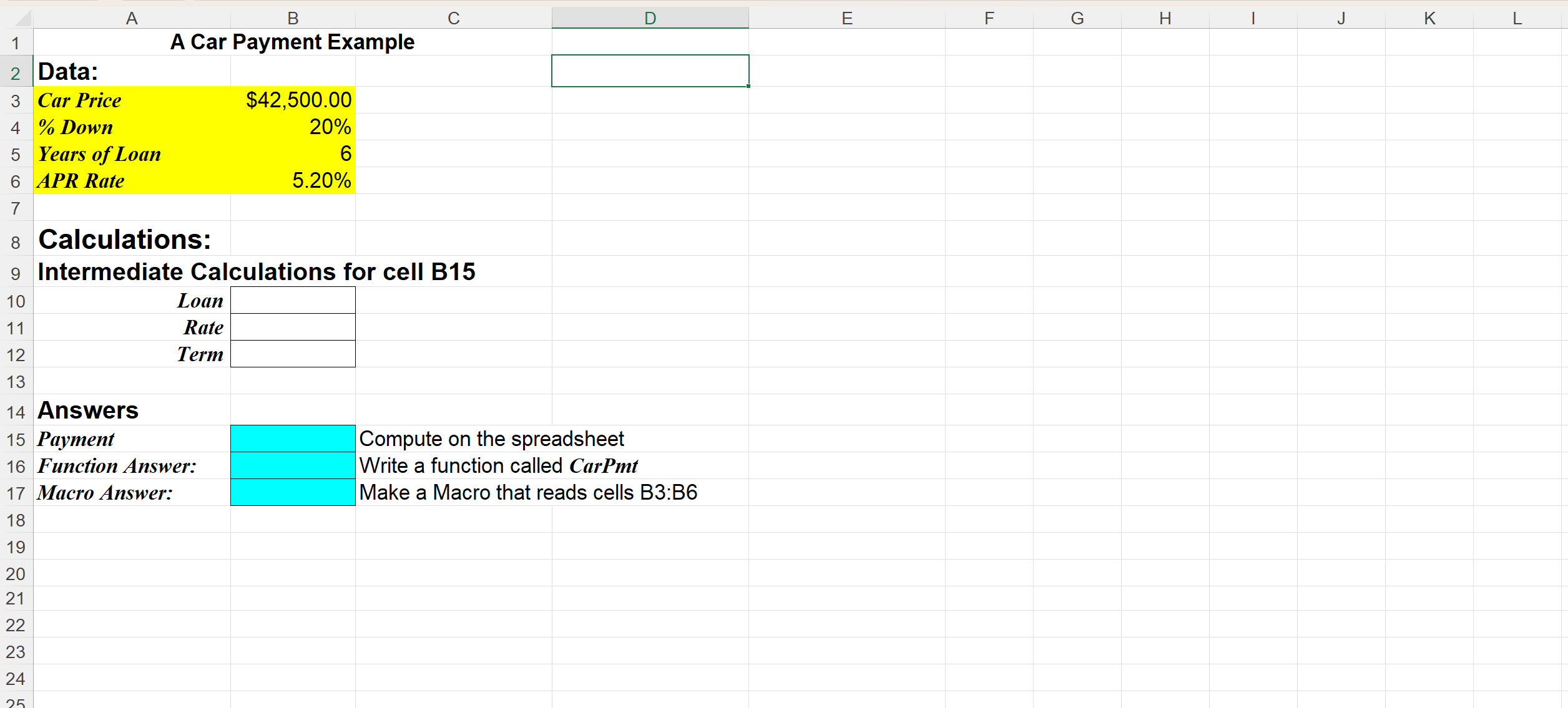 Solved A A Car Payment Example Data: 3 Car Price $42,500.00 | Chegg.com