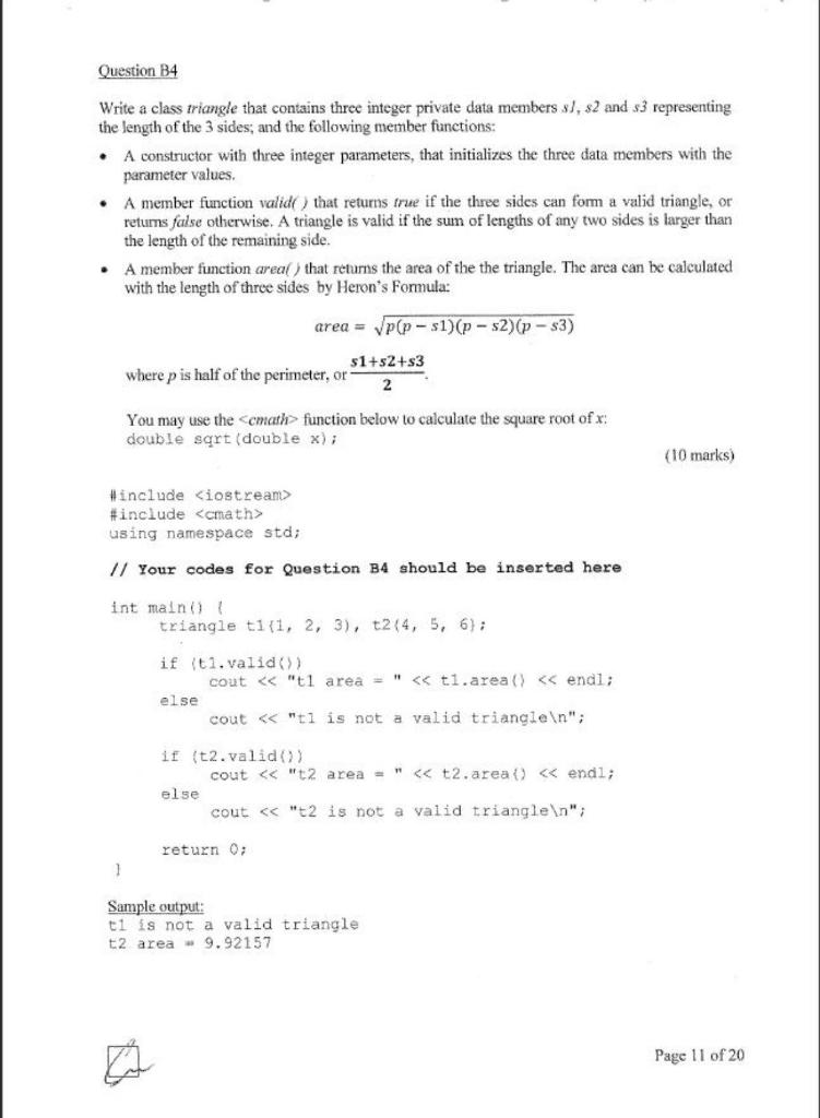 Solved Question B4 Write A Class Triangle That Contains 