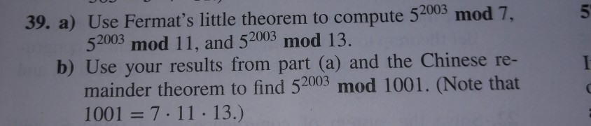 Solved 39. a) Use Fermat's little theorem to compute 52003 | Chegg.com