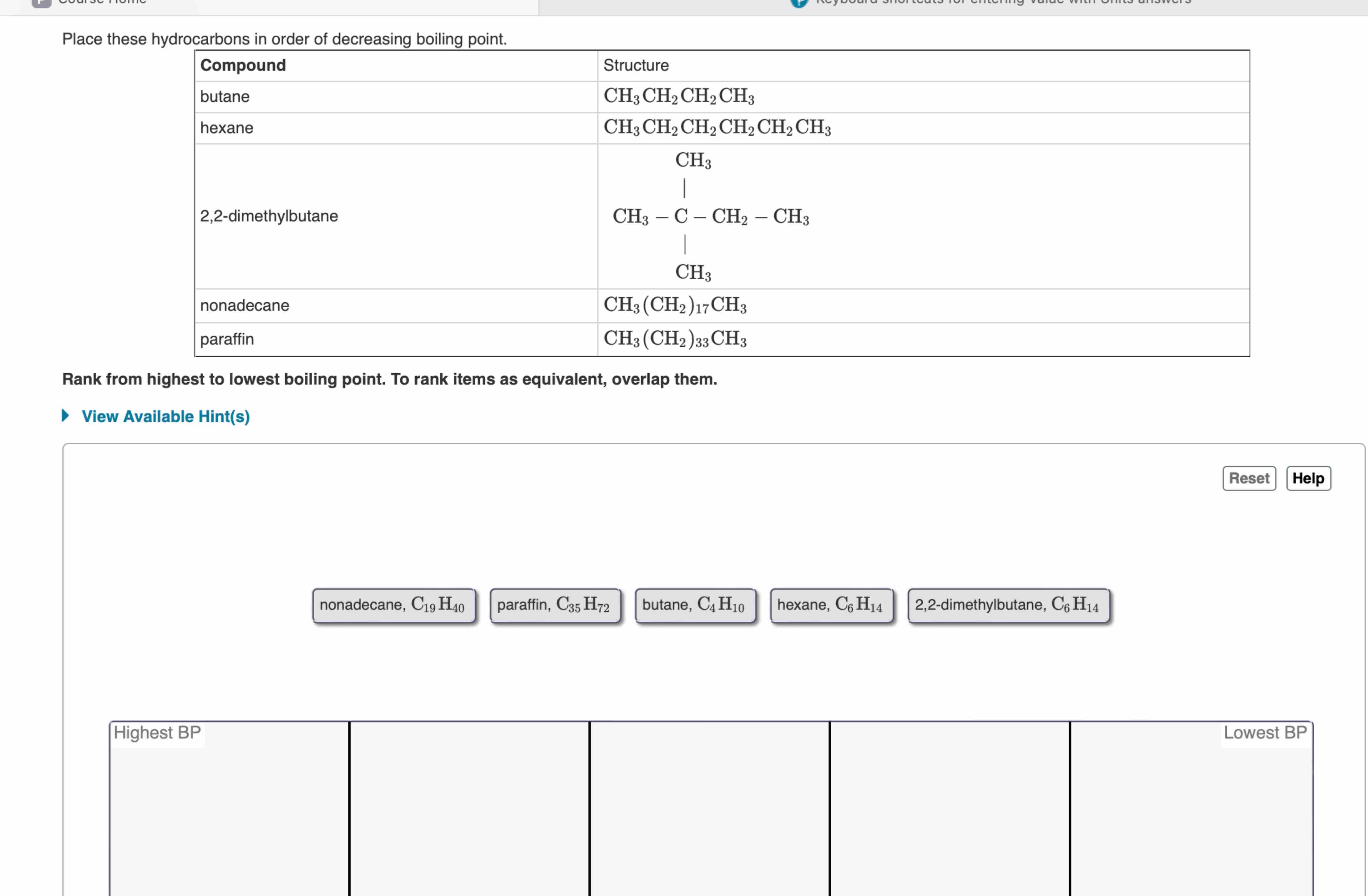 Solved Place these hydrocarbons in order of decreasing | Chegg.com