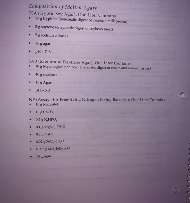 Solved Composition of Molten Agars TSA (Tryptic Soy Agar), | Chegg.com