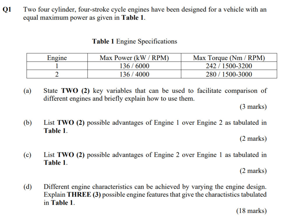 Solved Q1 Two four cylinder, four-stroke cycle engines have | Chegg.com