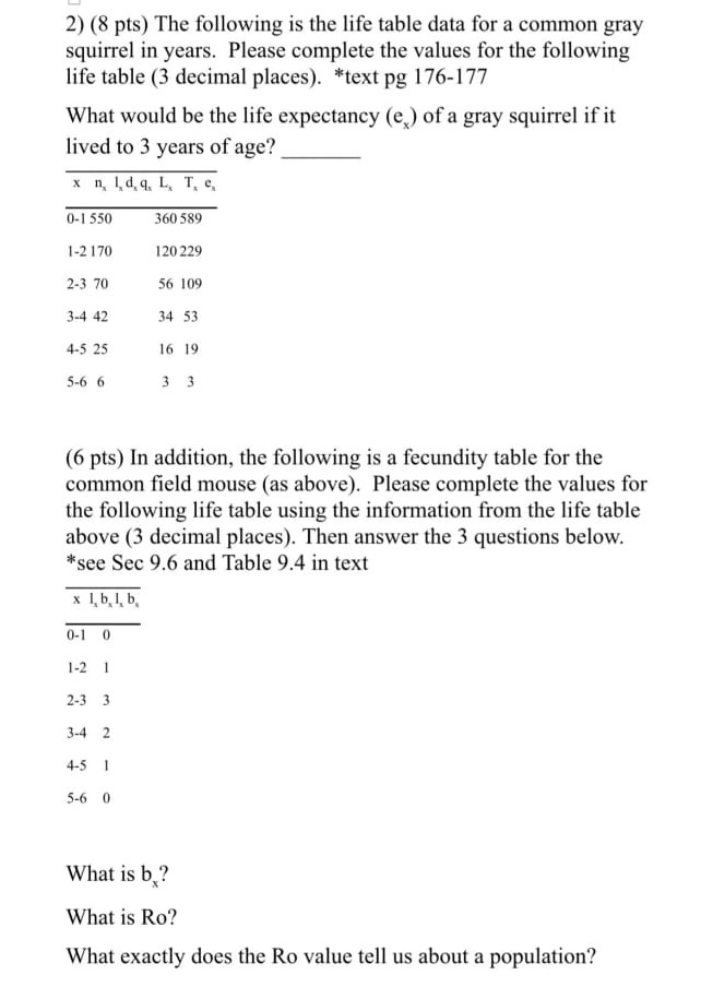 Solved 2) (8 pts) The following is the life table data for a | Chegg.com Solved 2) (8 pts) The following is the life table data for a | Chegg.com